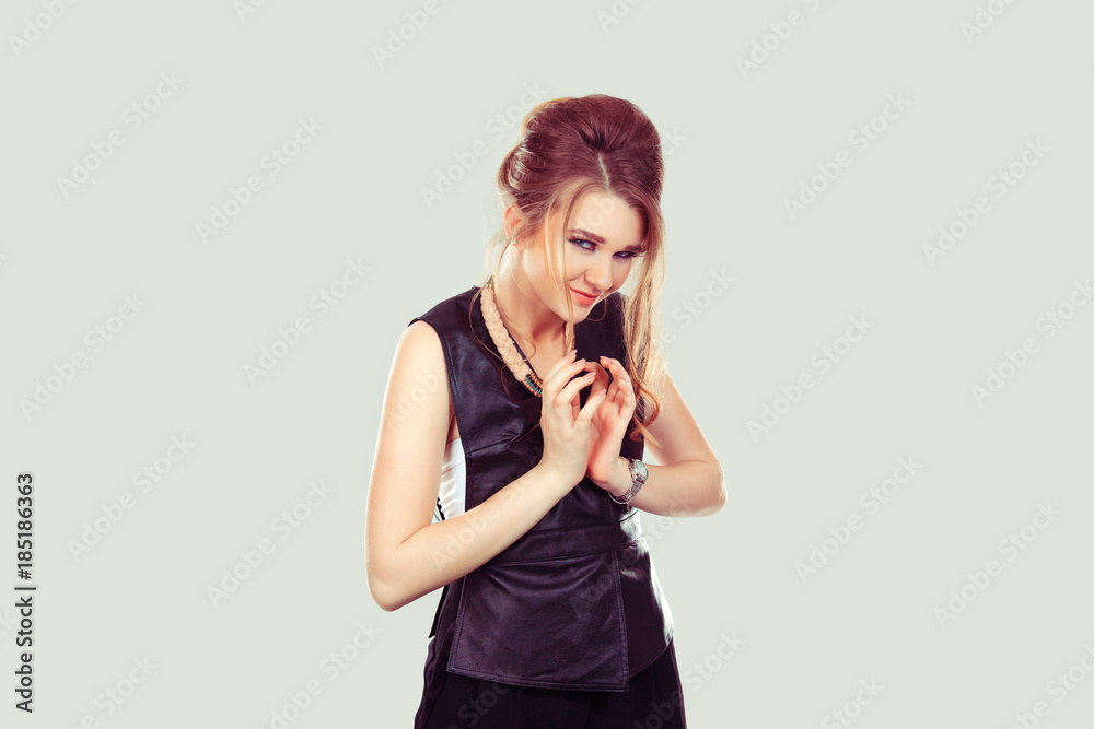 Plotting. Closeup portrait of sneaky, sly, scheming young woman ...