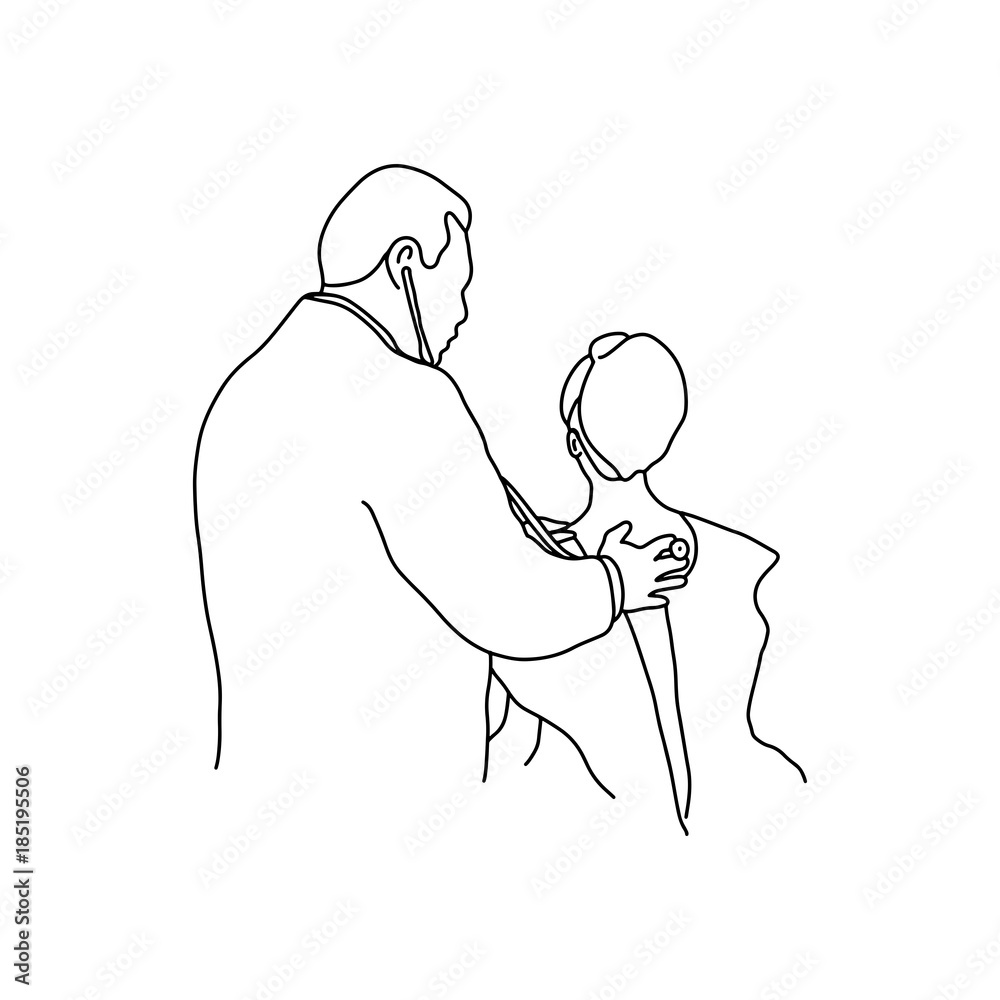 Doctor examining back of female patient with stethoscope vector ...