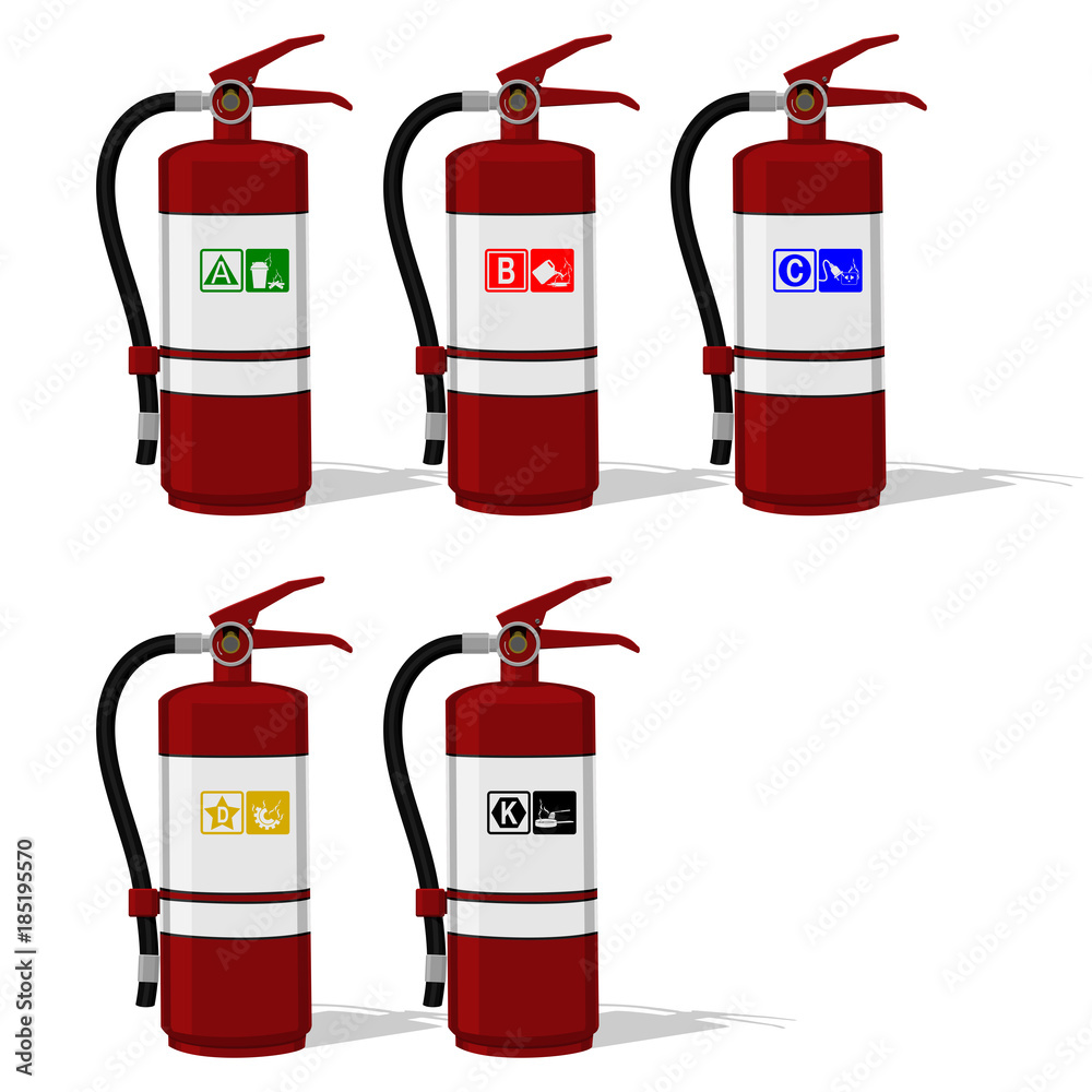 Set of Extinguisher tank with Fire class icon on transparent background ...