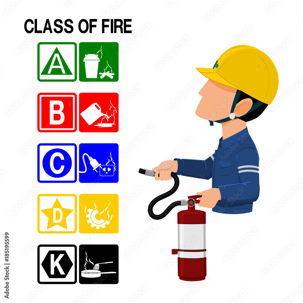 Set of Fire class icon and the industrial worker on transparent ...