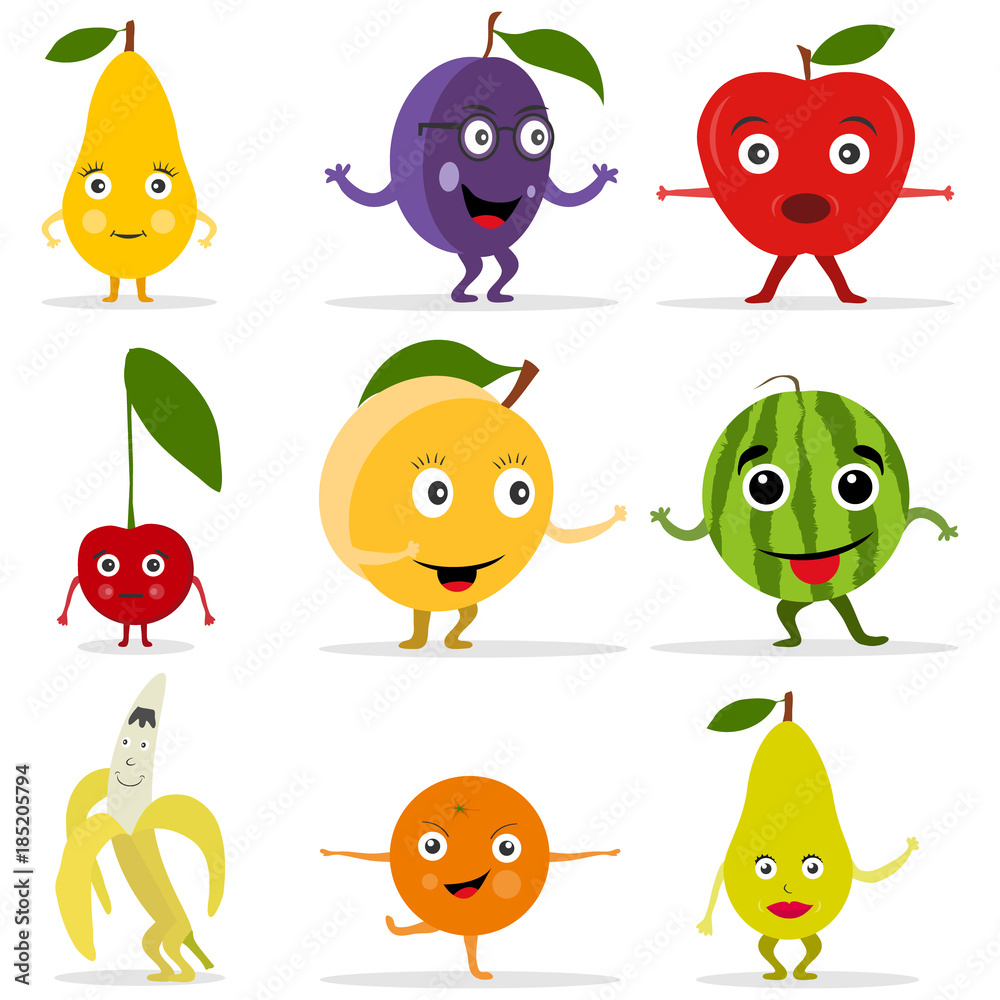 Funny fruit face and cartoon fruit characters. Cartoon funny fruits ...