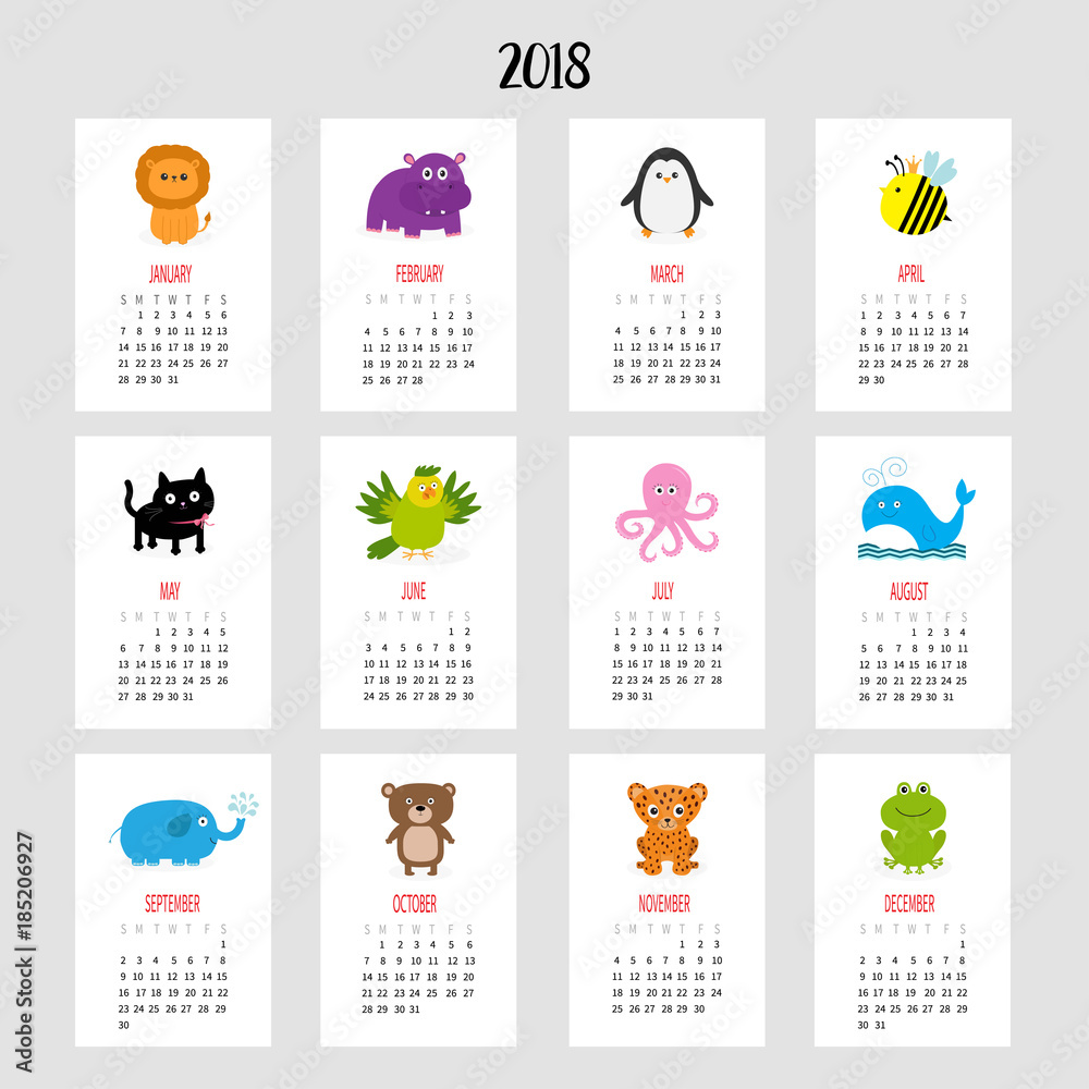 Cat vertical monthly calendar 2018. Cute funny cartoon animal insect ...