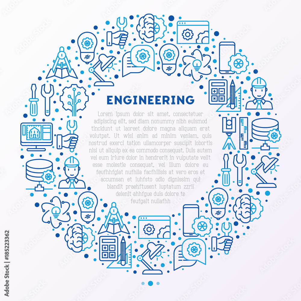 Engineering concept in circle with thin line icons: engineer ...