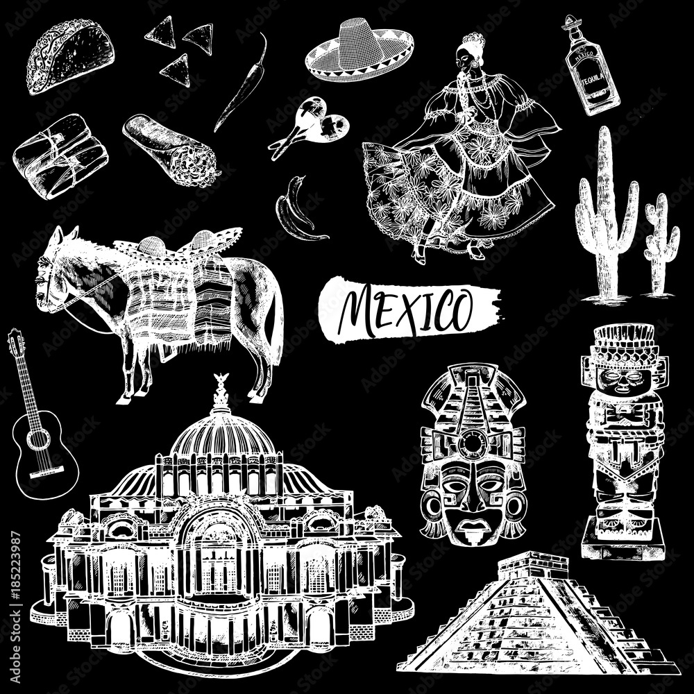 Hand drawn sketch style set of Mexican themed landmarks, food, drink ...