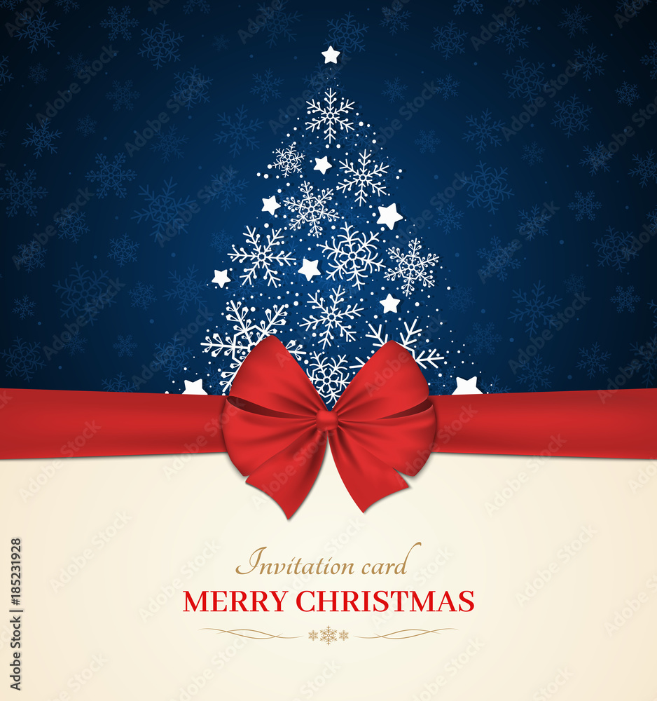 Christmas invitation card with a bow. Red ribbon. Christmas tree and ...