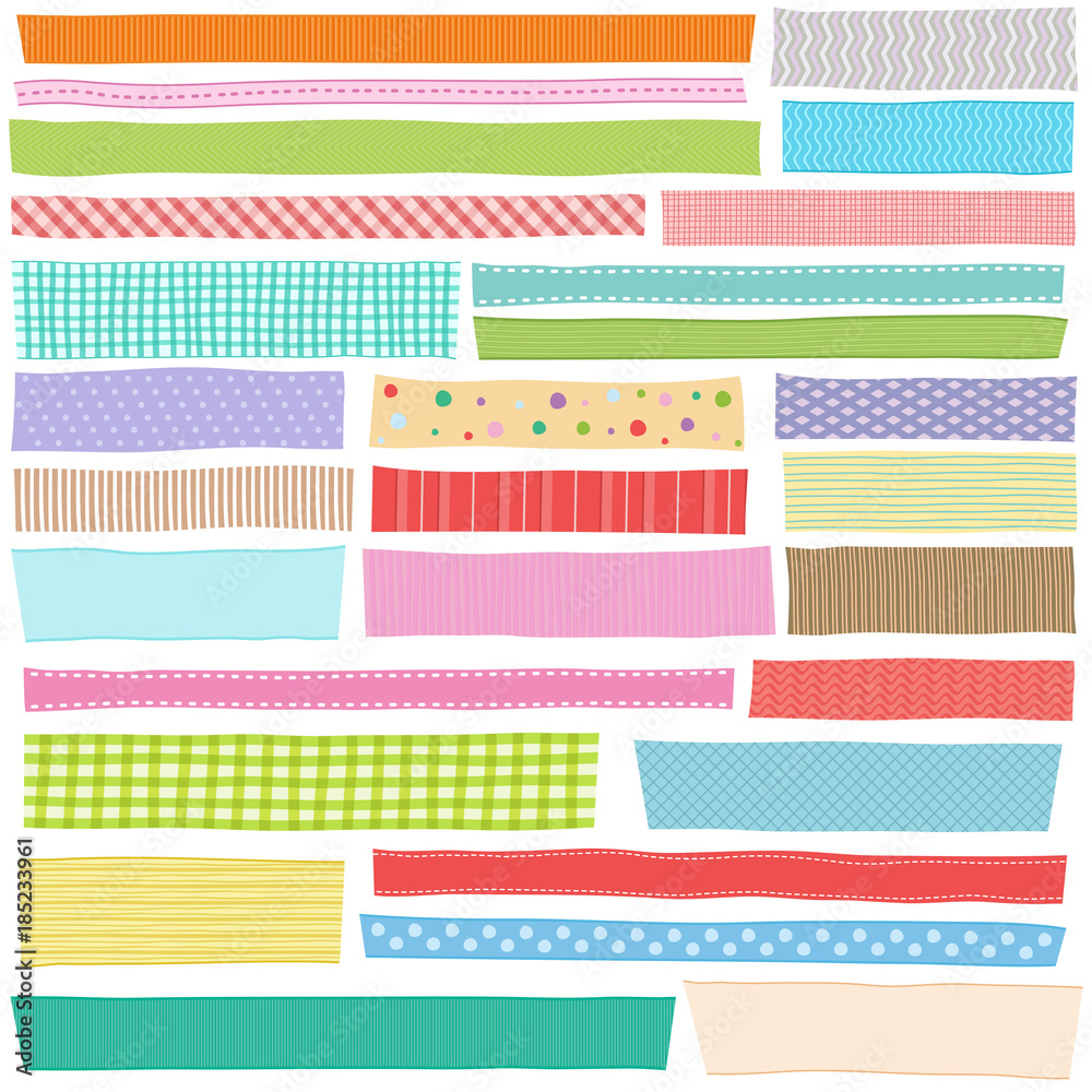 Vector illustration set of hand drawn colorful ribbon, fabric strip ...