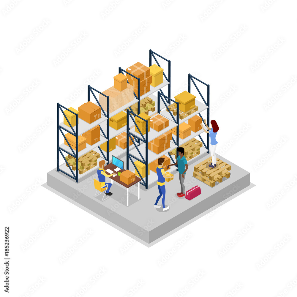 Warehouse interior with workers isometric 3D icon. Storage management ...