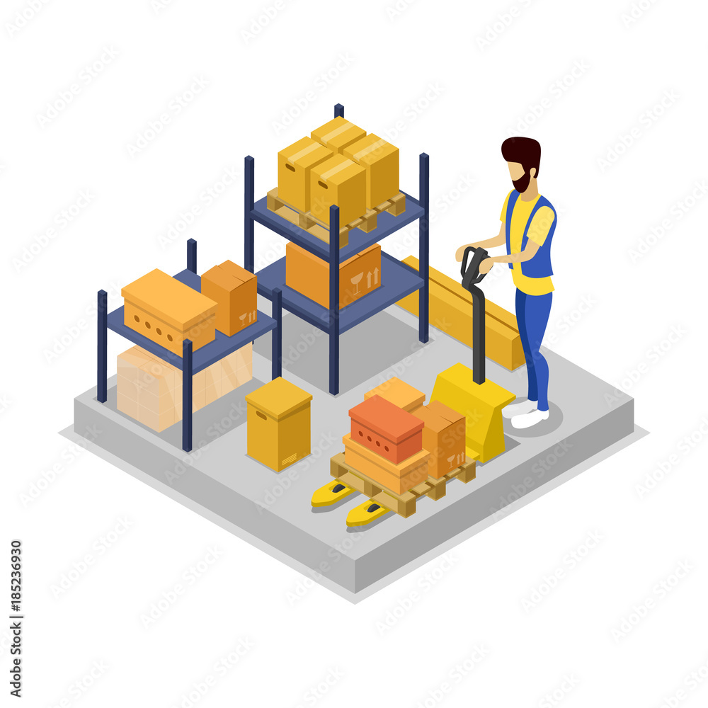 Warehouse management isometric 3D icon with workers. Storage logistics ...
