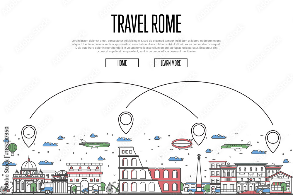 Travel Rome poster with national architectural attractions and air ...