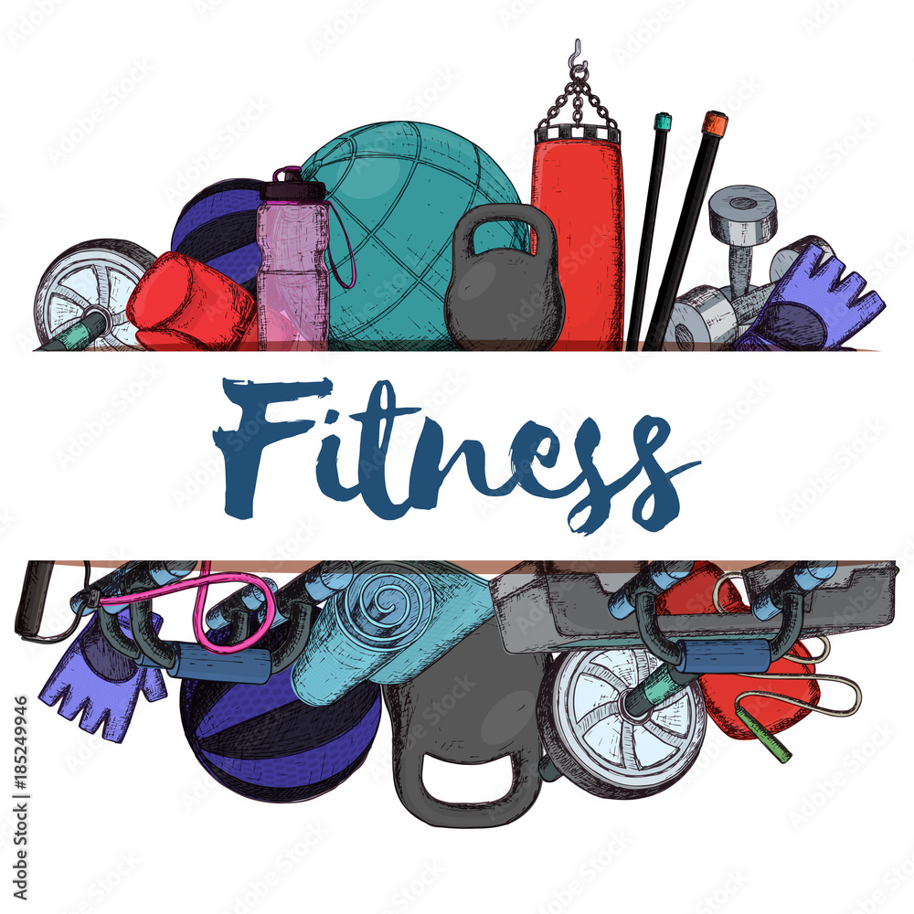 Set of fitness accessories, sketch cartoon illustration of gym ...