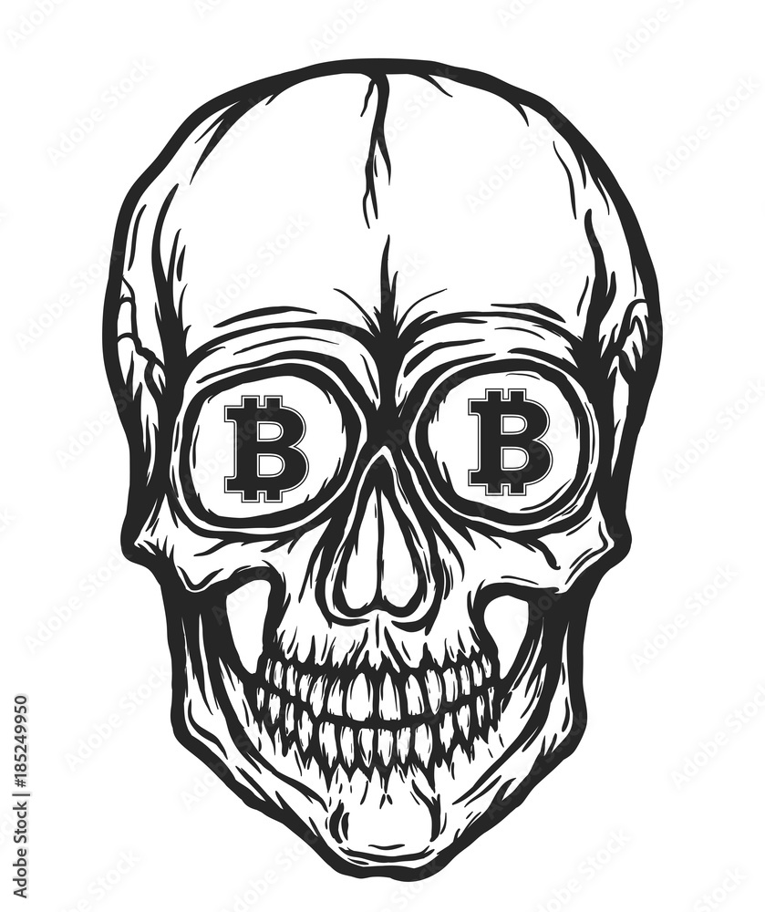 Skull with bitcoin symbols in the eyes. Vector isolated on white ...