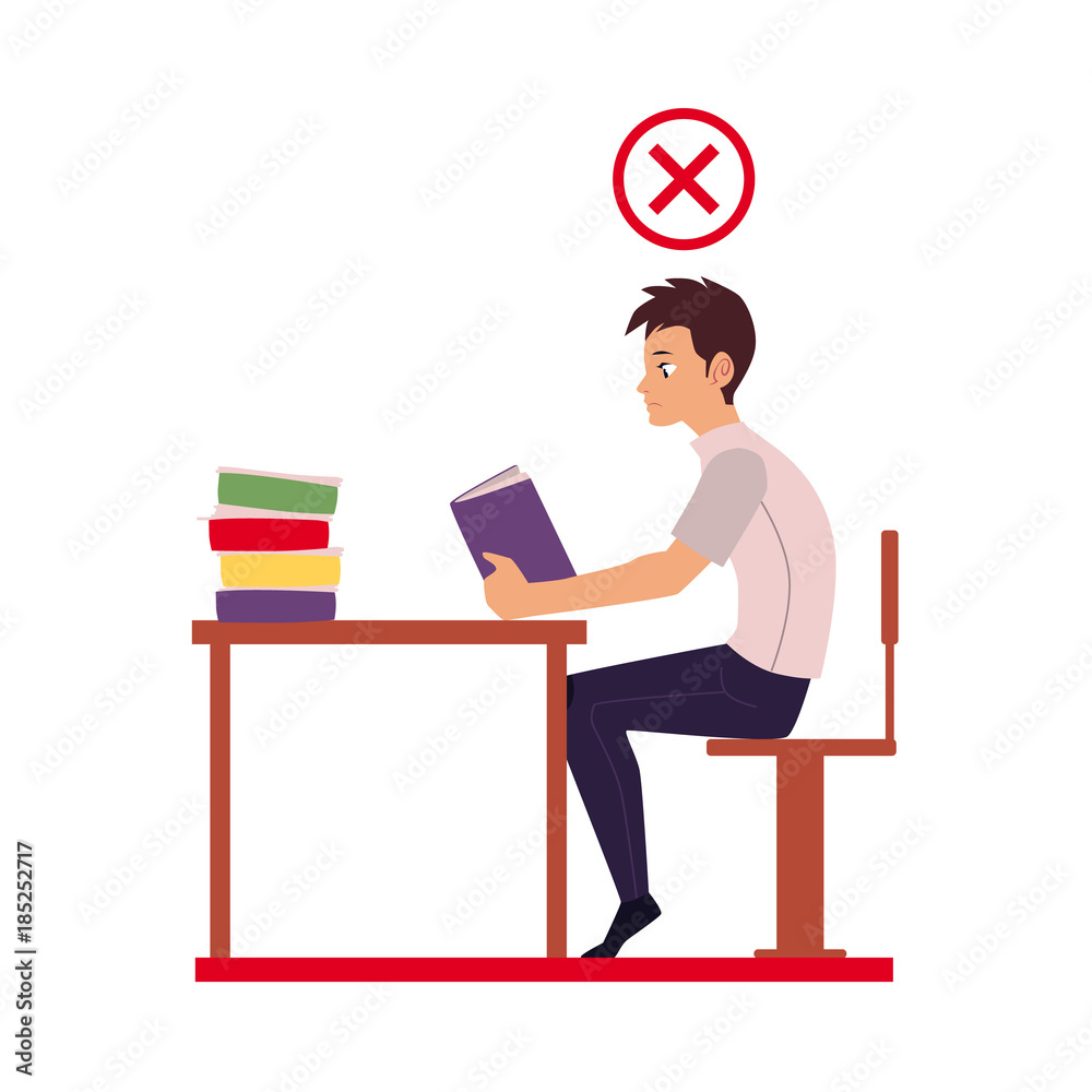 Man reading in incorrect sitting position - table too far, shoulders ...