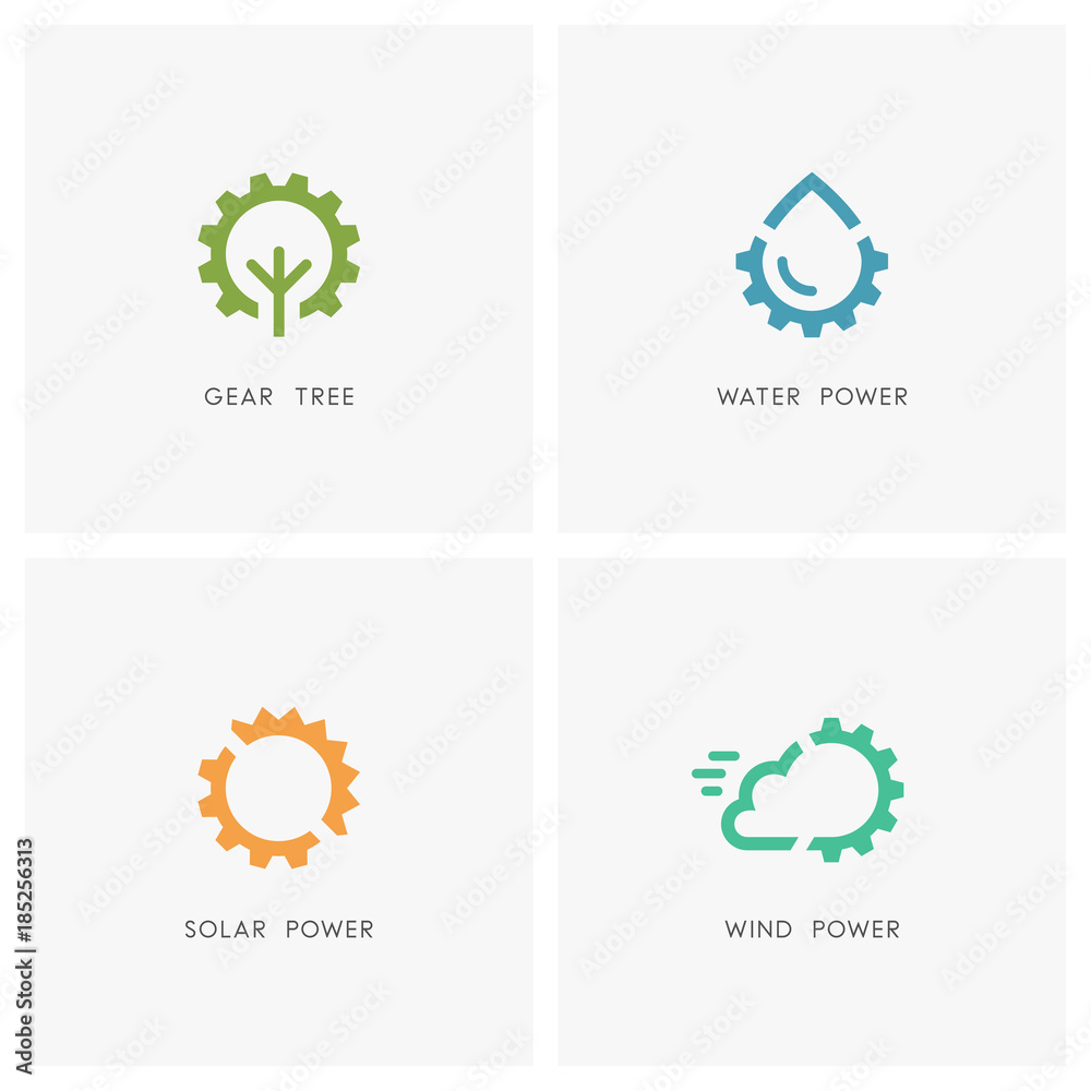 Alternative energy logo set. Green tree, drop of water, the sun, cloud ...