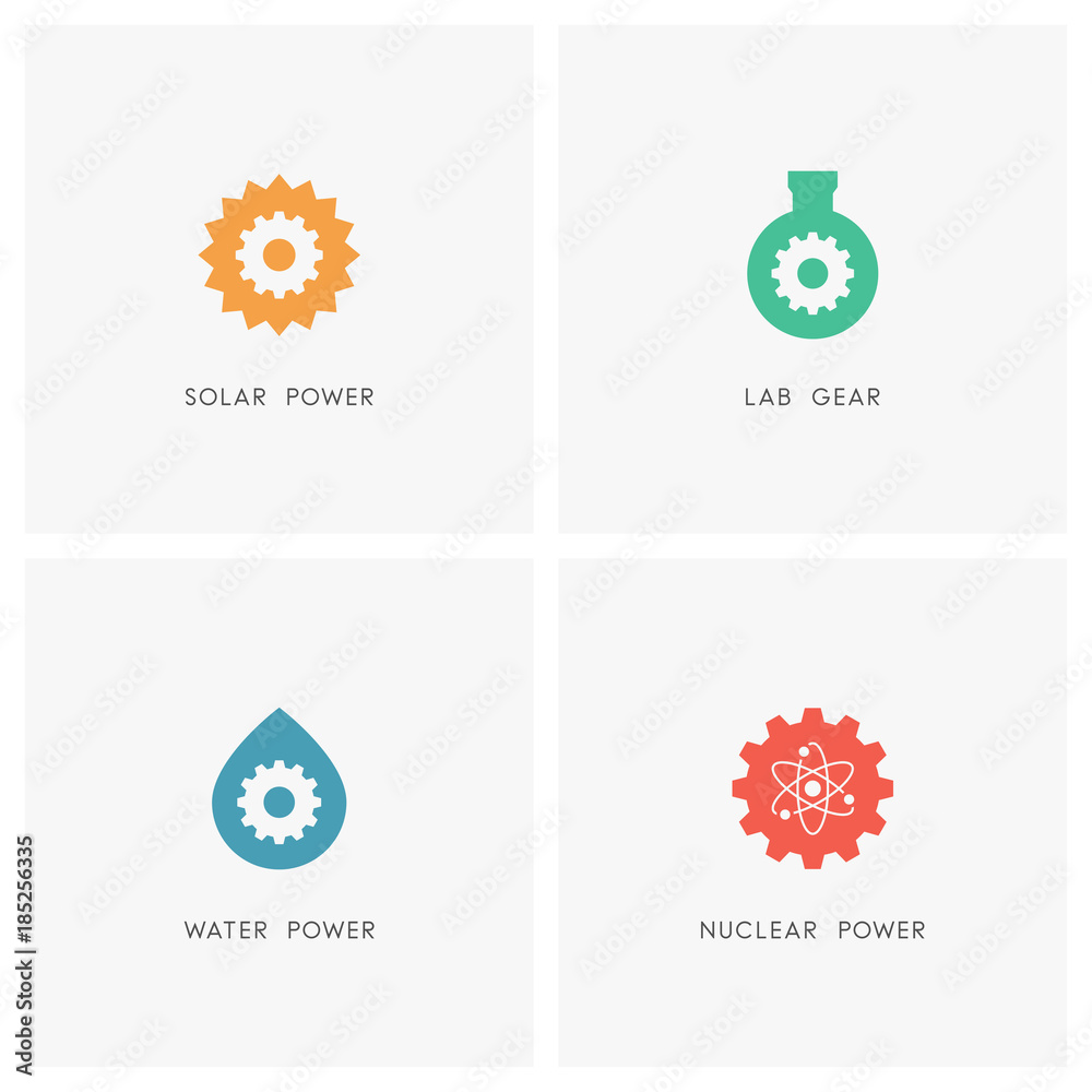 Energy source logo set. The sun, test tube, drop of water, atom and ...