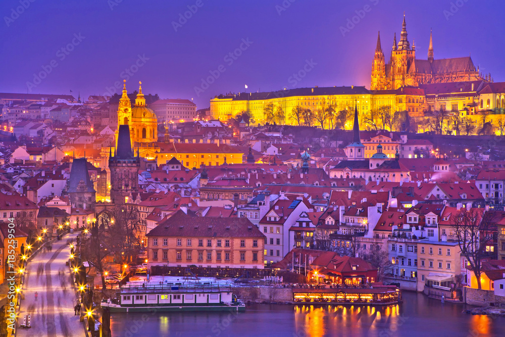 Beautiful scenery of evening Prague. Top view on the Charles Bridge ...