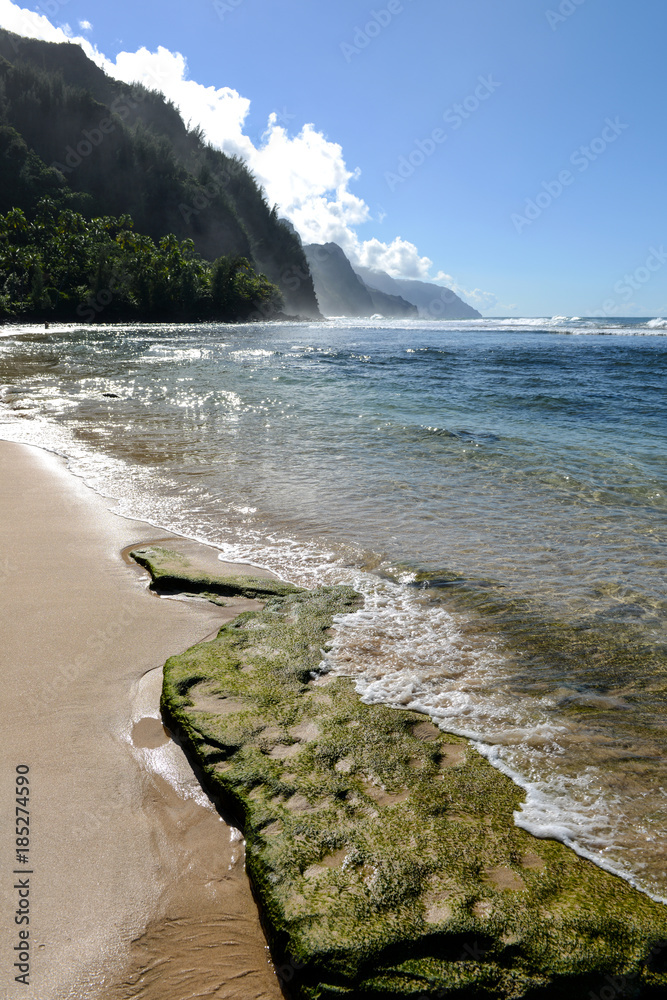 Ke'e Beach - Vertical - View of Kee Beach, looking west towards misty ...