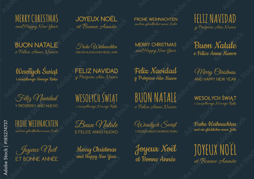 Christmas wishes in different languages: English, French, Spanish ...