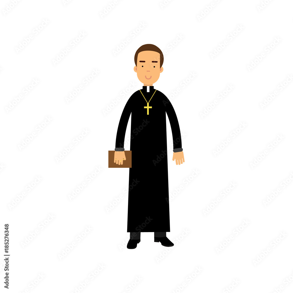 Cartoon priest character wearing traditional black cassock with cross ...