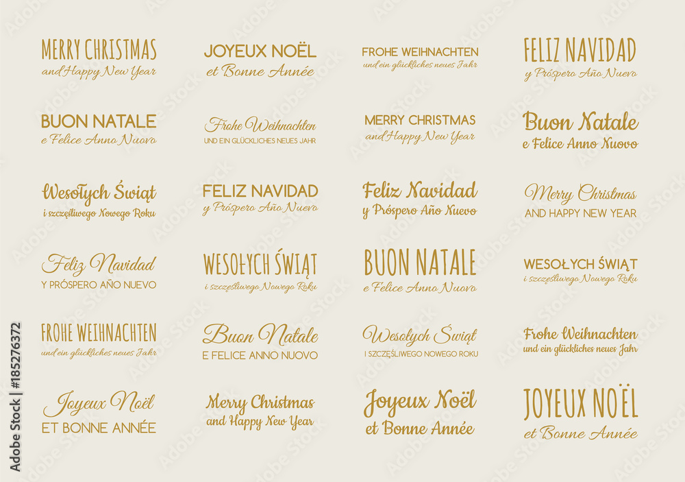 Christmas wishes in different languages: English, French, Spanish ...