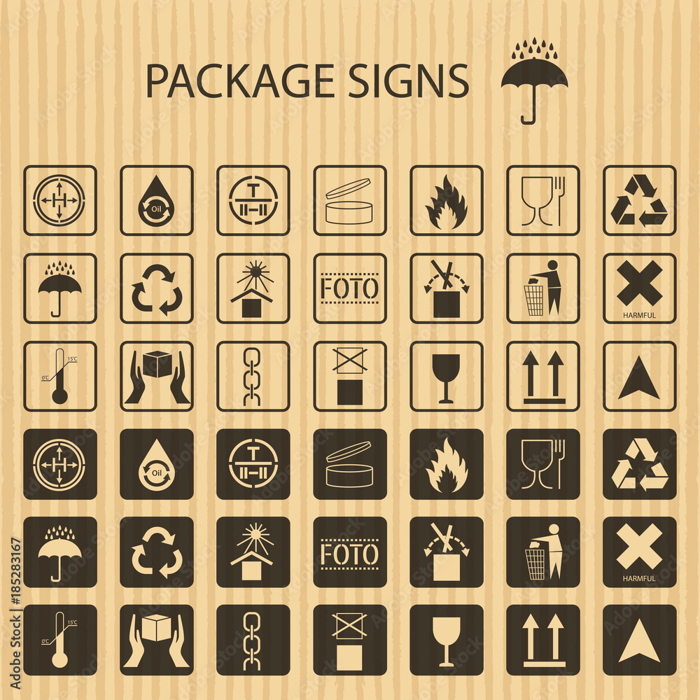 Vector packaging symbols on vector realistic cardboard background ...