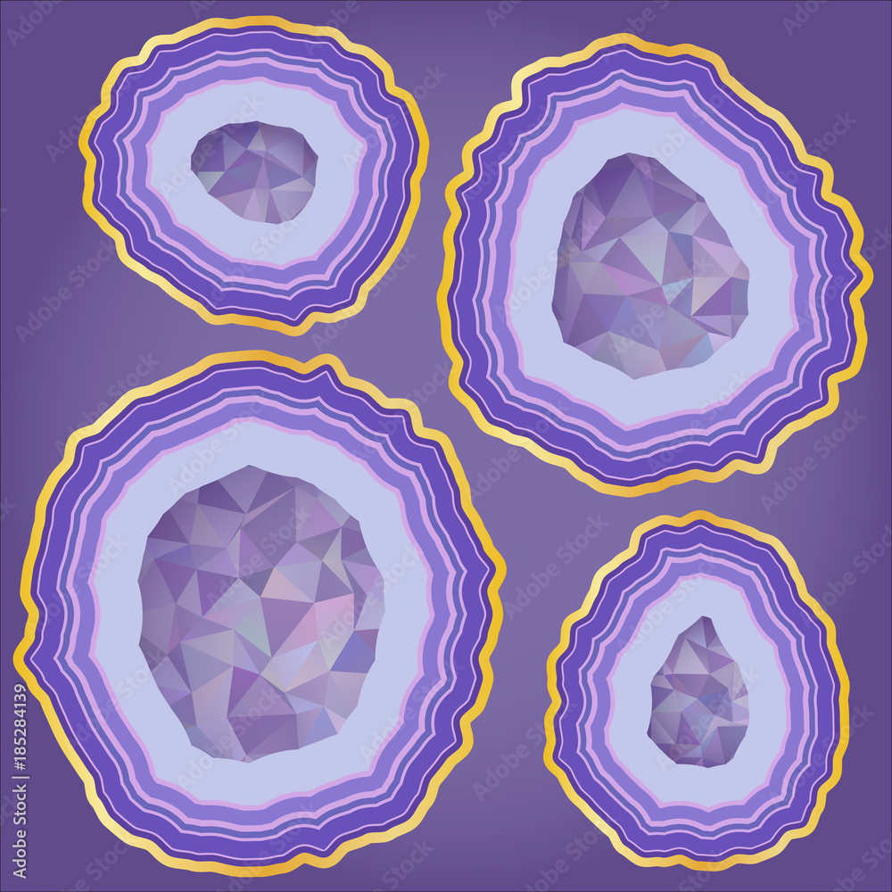 Vector Ultra Violet Amethyst Geode Slices with Golden Border. Deep ...