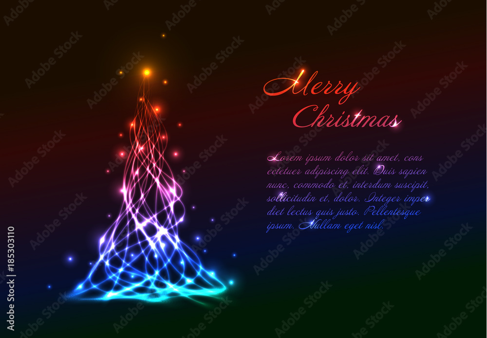 Christmas Card Layout with Multicolored Plasma Light Effect Tree Stock ...