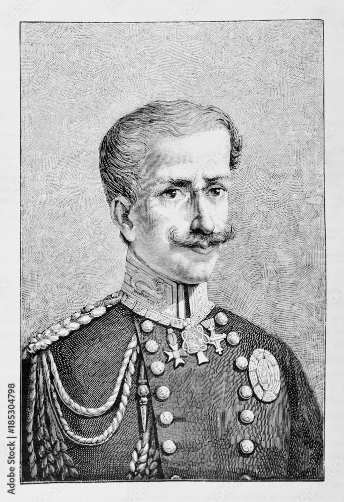 Ancient portrait of a king in uniform rich of medals and militar ...