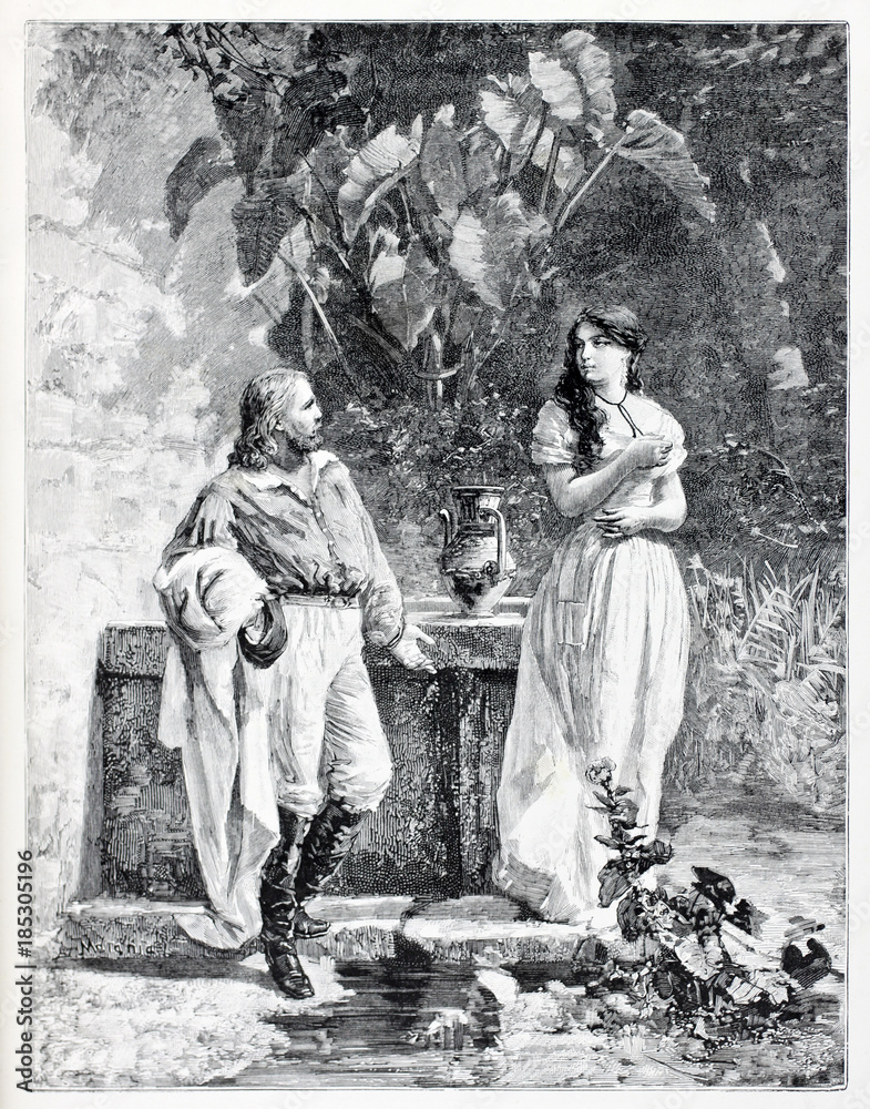 First meeting of Garibaldi and Anita in a romantic garden. Ancient ...