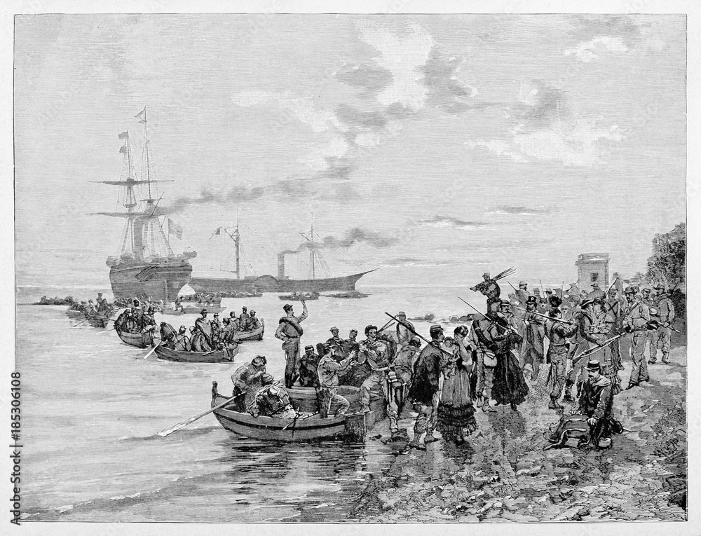 Ancient troops boarding on the vessels saying goodbye to their families ...