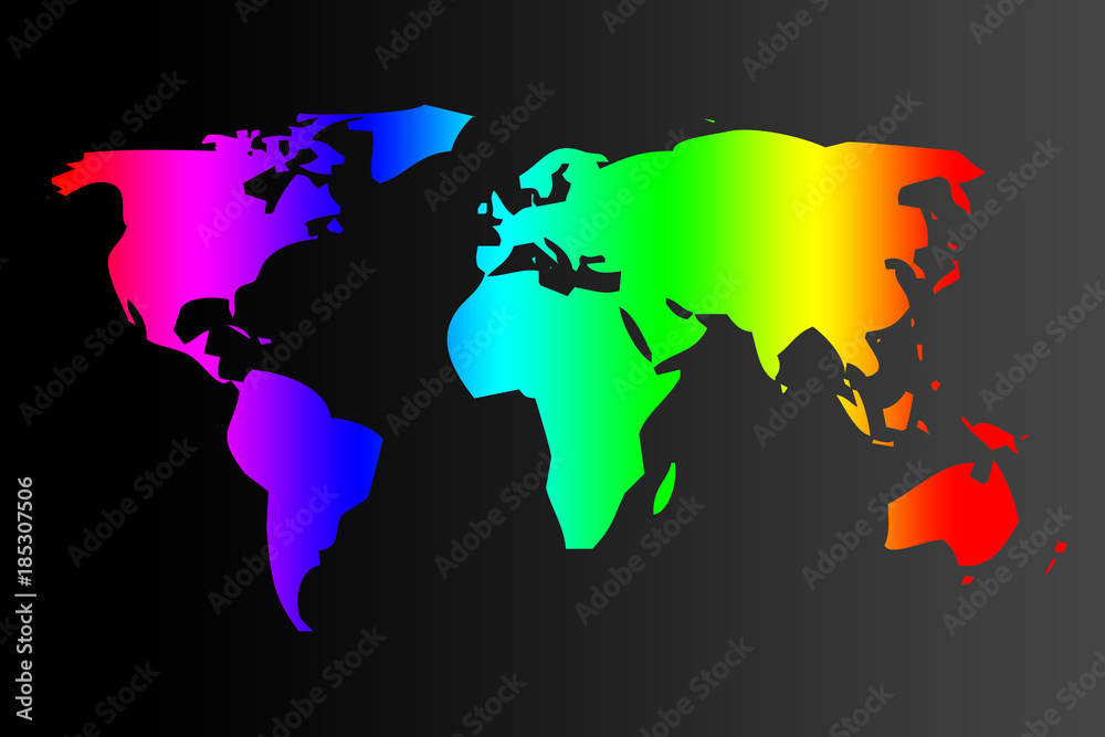 Mapa del mundo del color del arcoiris sobre fondo negro. Stock ...