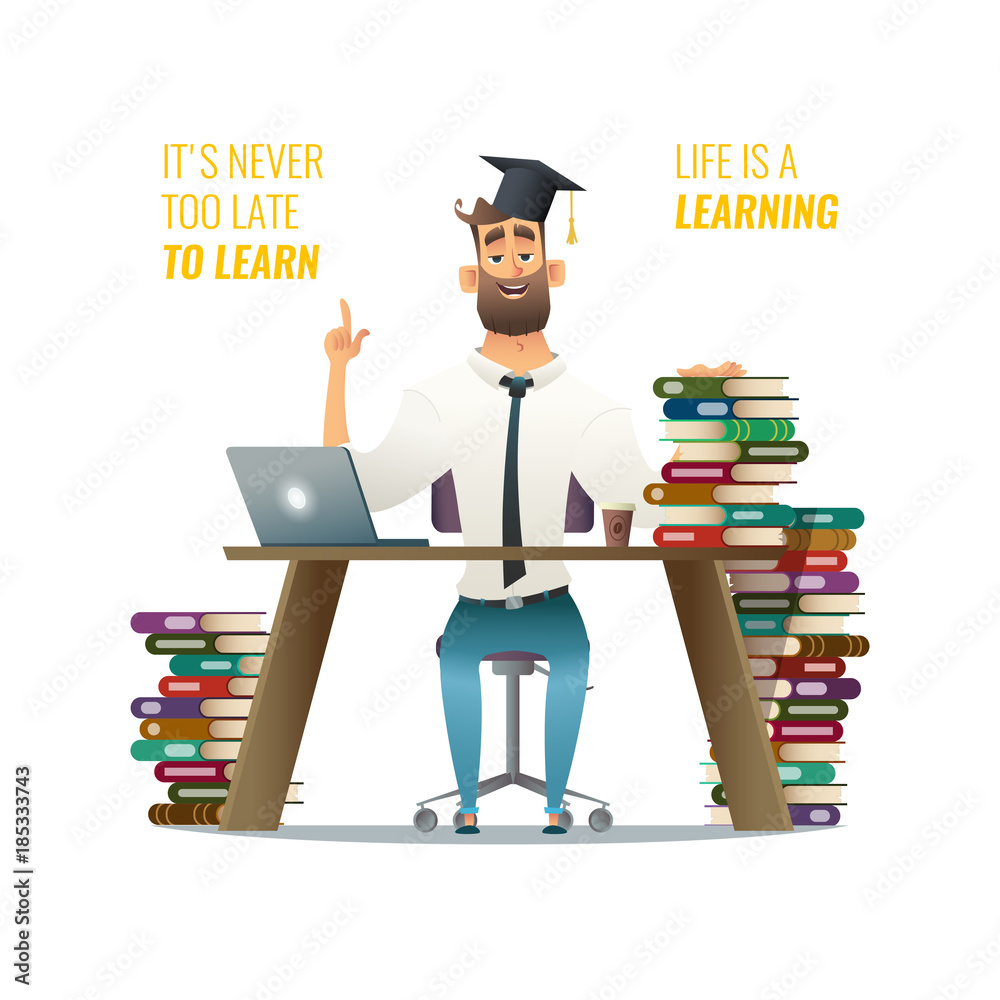 Guy in learnin process. Man sitting behind his studing desk using his ...