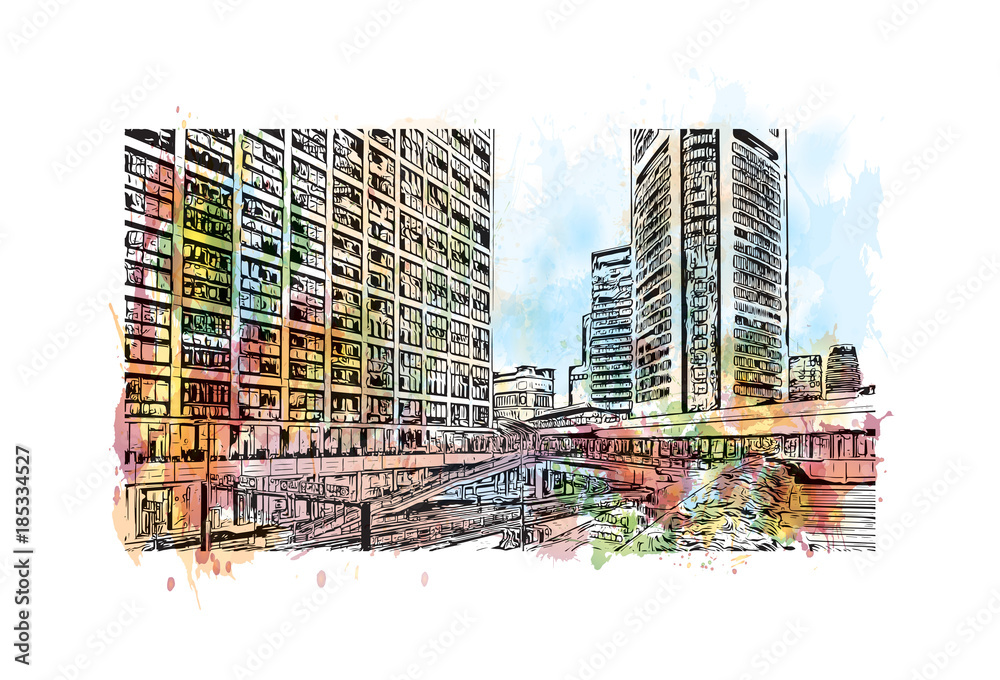 Tokyo City, Japan. Watercolor splash with hand drawn sketch in vector ...