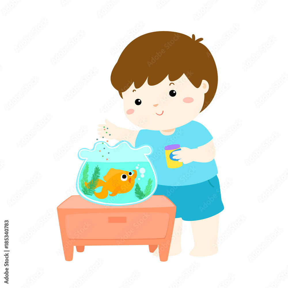 Illustration of cute little boy feeding fish in aquarium cartoon. Stock ...