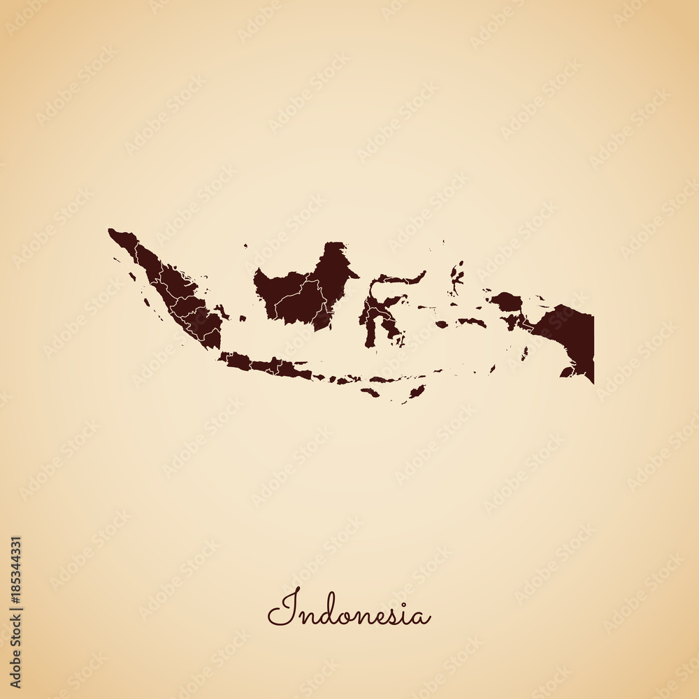 Indonesia region map: retro style brown outline on old paper background ...