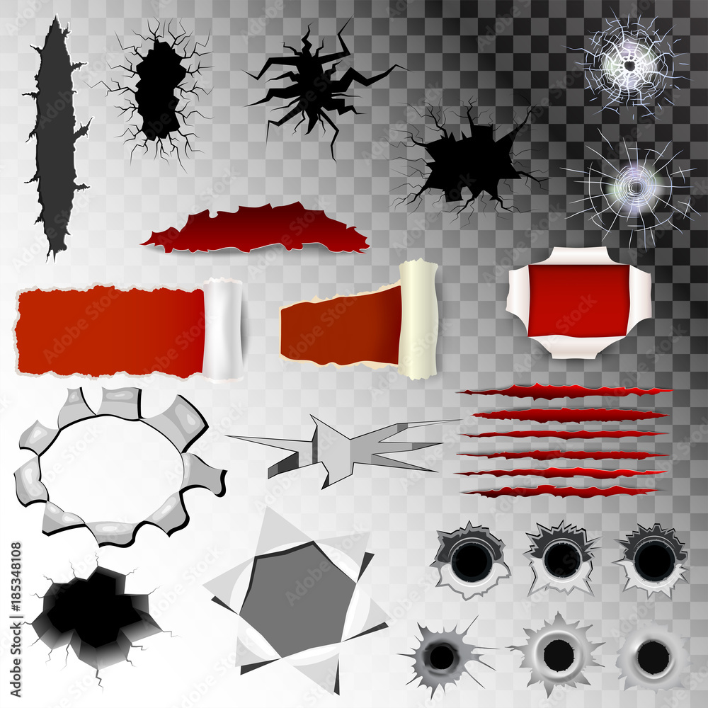 Scratch bullet holes vector of gunshot set gun shoot in holed metal ...