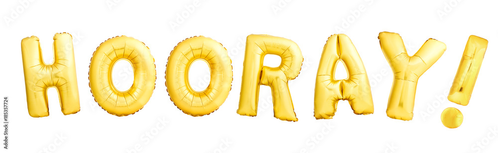 Hooray sign with exclamation mark made of golden inflatable balloons on ...