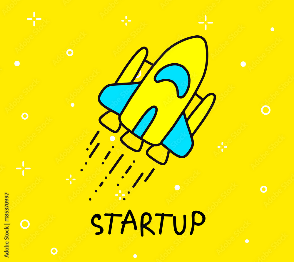 Vector color illustration of space jet plane. Cartoon spacecraft soars ...