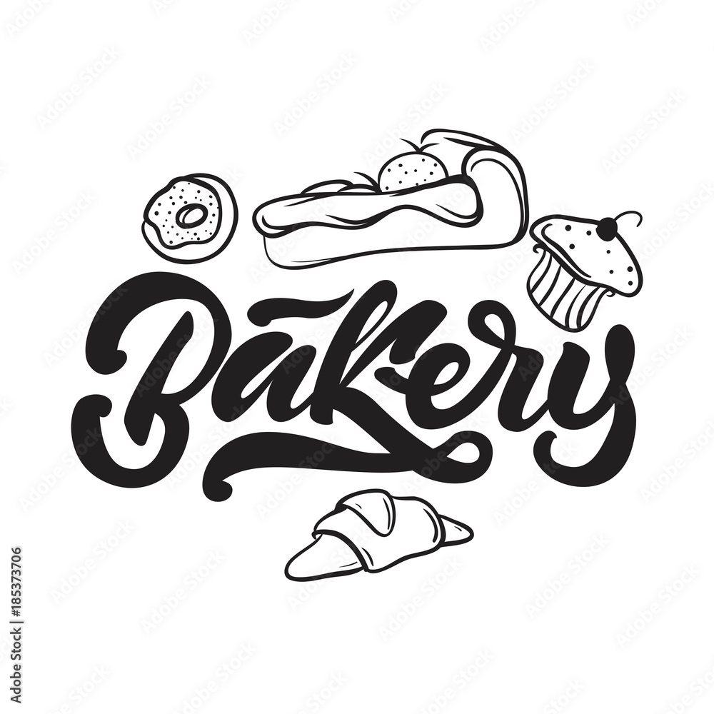 Bakery logo in lettering style with cakes and pastry illustrations ...