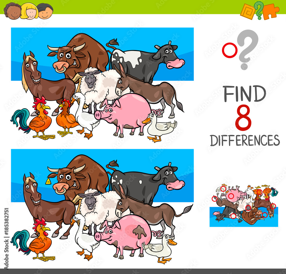 find differences with farm animal characters Stock Vector | Adobe Stock