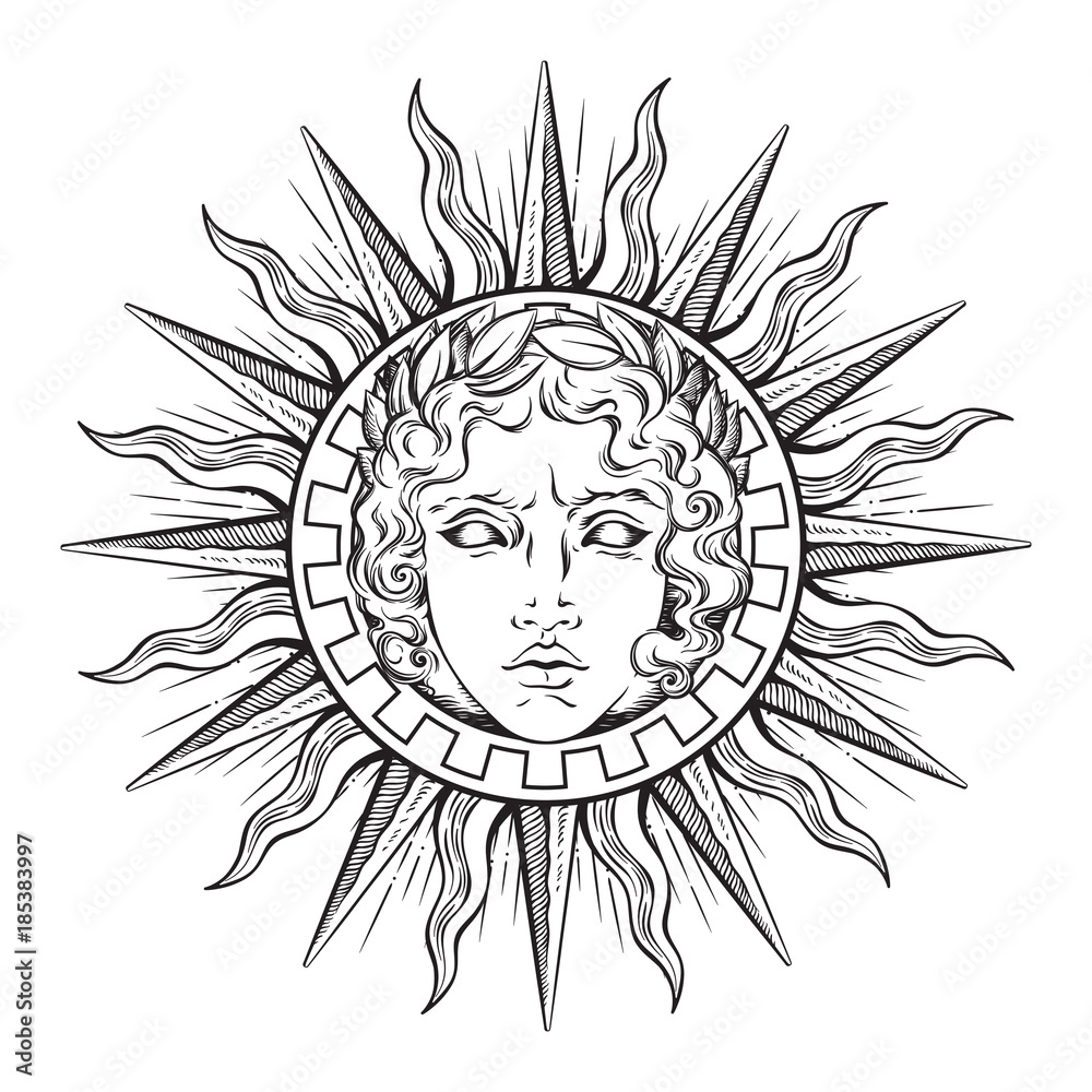 Vetor de Hand drawn antique style sun with face of the greek and roman ...