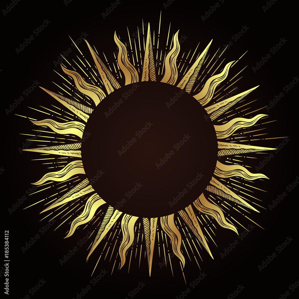 Ornate antique gold etching style frame in a shape of sun rays hand ...