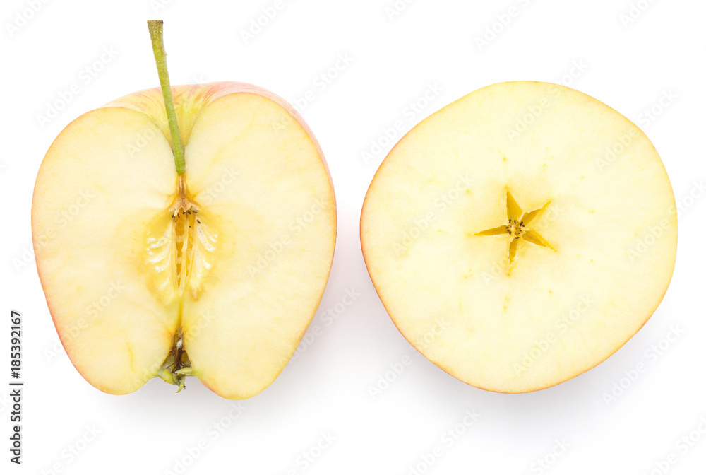 Comparing two apple halves (Evelina variety) top view isolated on white ...