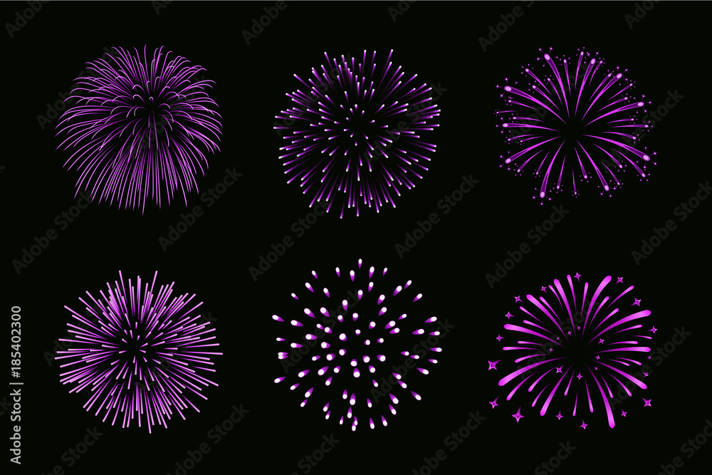 Beautiful purple fireworks set. Bright fireworks isolated black ...