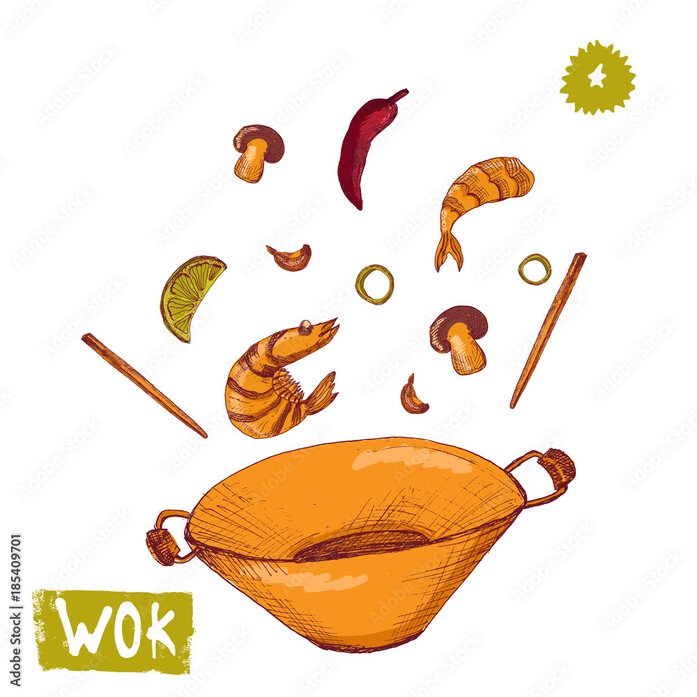 WOK colorful Hand drawn vector sketch illustration with pan,noodles ...
