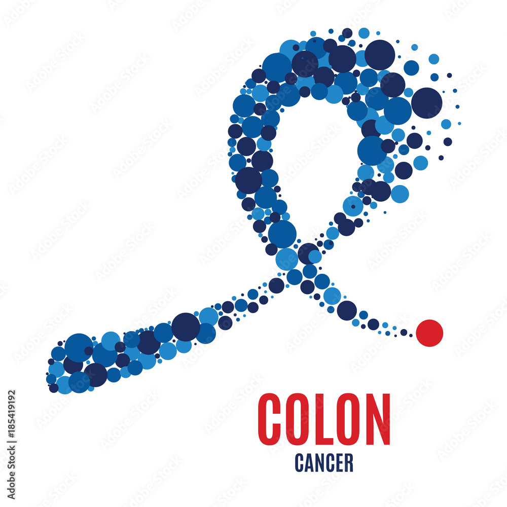 Colon cancer awareness poster. Blue ribbon made of dots on white ...