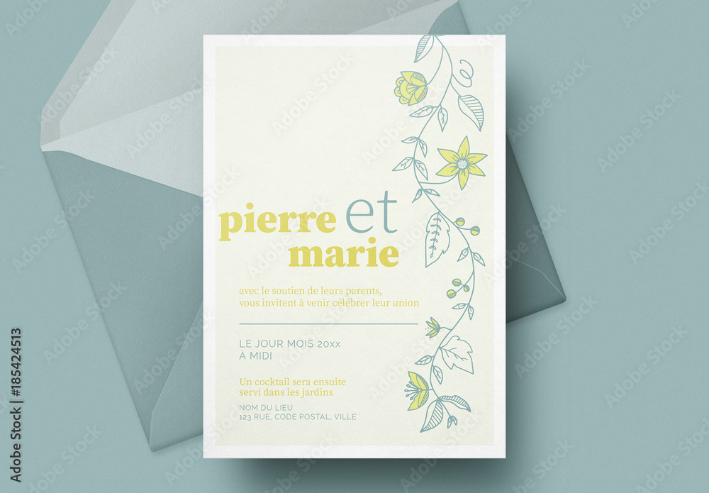 Invitation de mariage citron et fleurs Stock Template | Adobe Stock