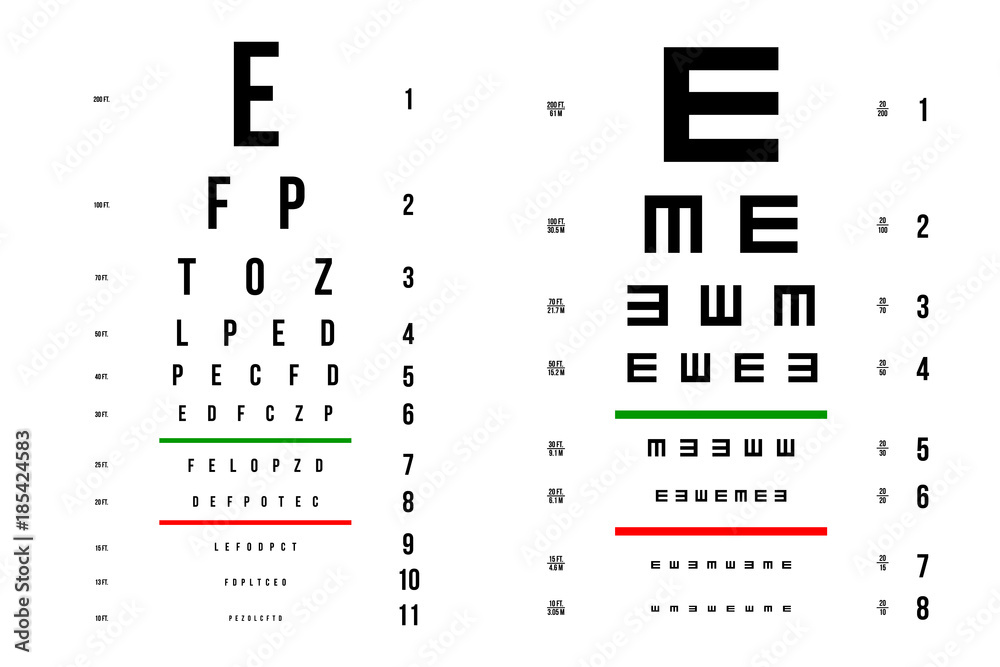 Creative vector illustration of eyes test charts with latin letters ...