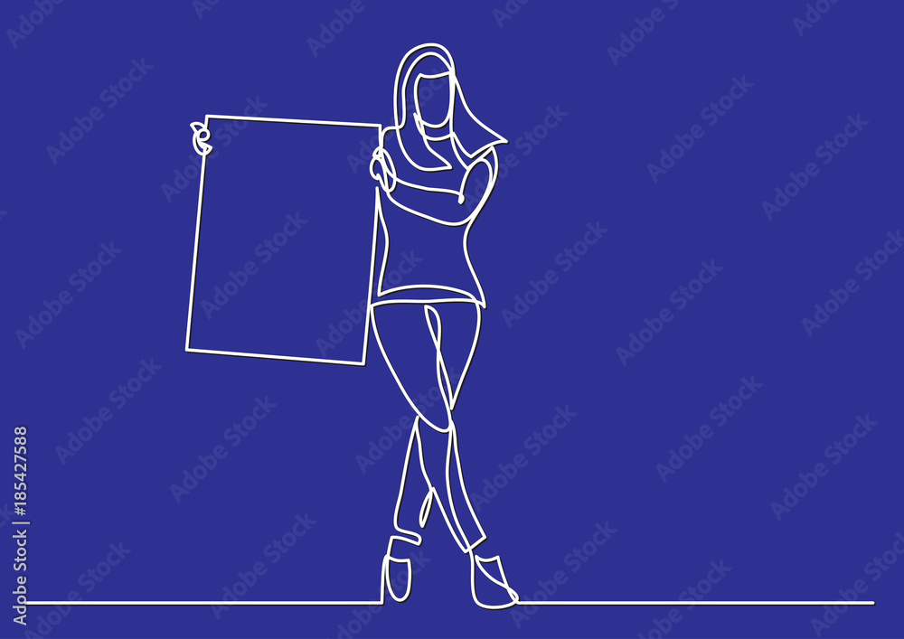 continuous line drawing of standing woman holding blank placard Stock ...