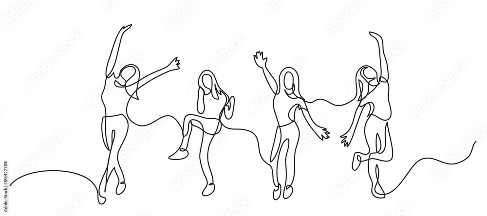 continuous line drawing of happy cheering team of girls Stock Vector ...