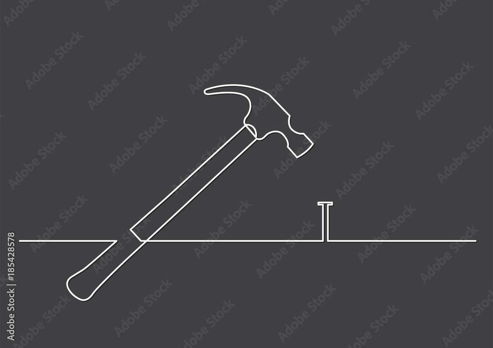 one line drawing of isolated vector object - hammer and nail Stock ...